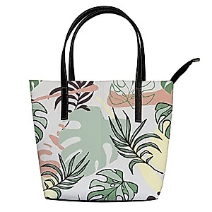 Fashion Tote Handbags Women's Soft Tote Shoulder Bag for Women Work Shopping Top Handle Satchel Bags, 15.8×4×15.4 inches,Retro Tropical Leaves 1