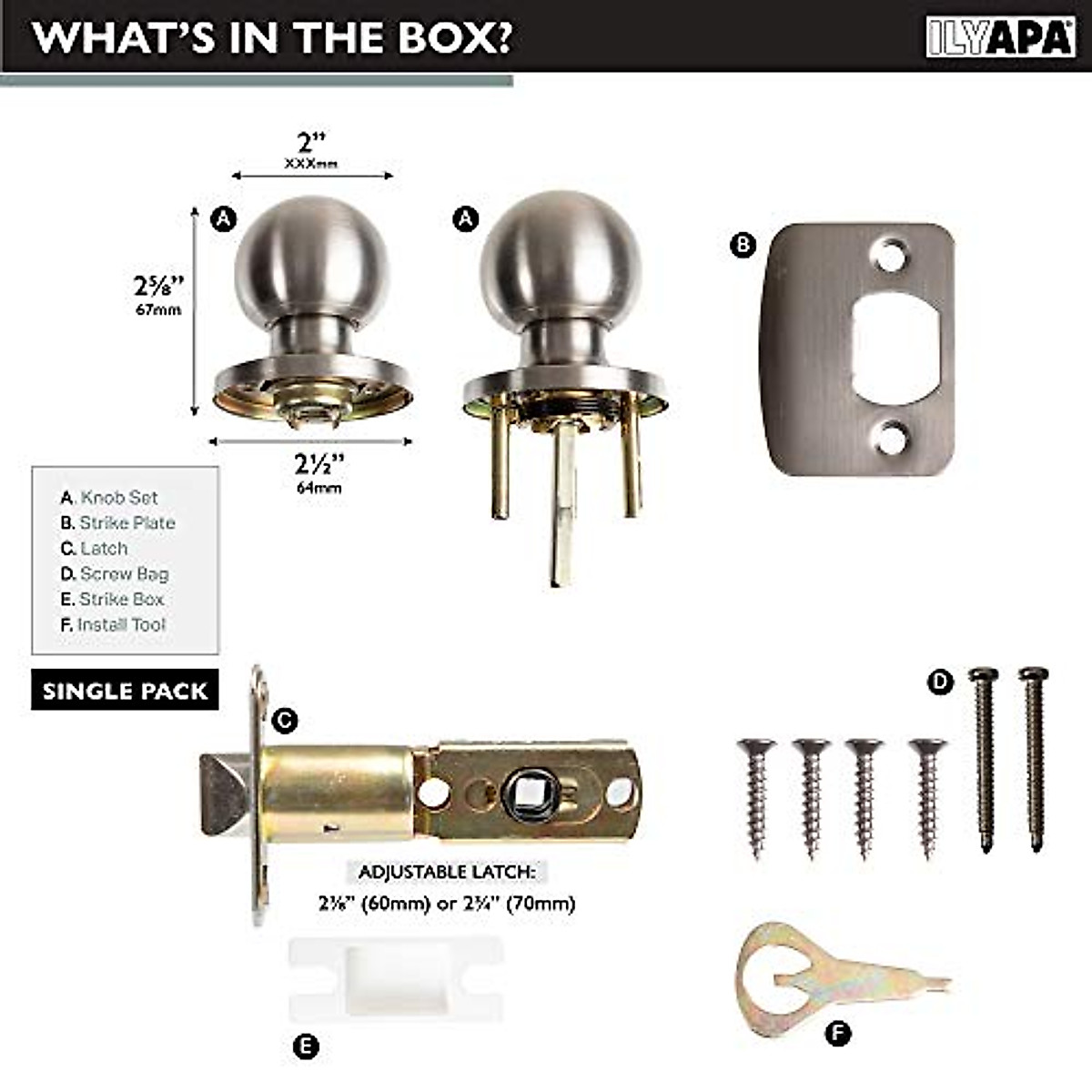 Ilyapa Passage Door Knob for Hall/Closet - Ball, Satin Nickel Interior Keyless Non Locking Round Door Handle, Satin Nickel
