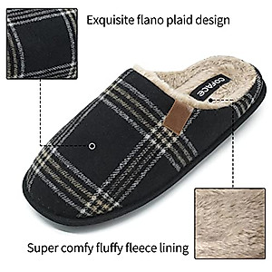 COFACE Mens Black Flano Plaid Cozy Memory Foam scuff Slippers Slip On Warm House Shoes Indoor/Outdoor With Best Arch Surpport Size 8