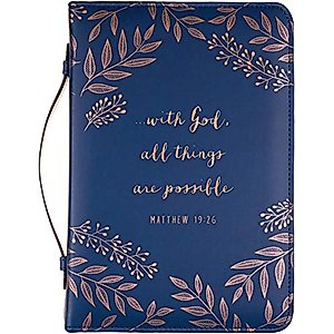 Eccolo Bible Cover Case for Men and Women, Gold Floral Engraved Faux Leather Design with Zipper and Handle, Small Book Cover Holds & Protects Small Bibles Up to 6 x 5 x 1.5 inches (Navy Blue)