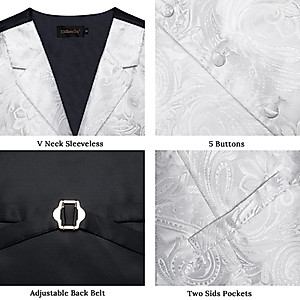 DiBanGu Mens Vest Tie Set 7PCS Silk Paisley Suit Waistcoat and Necktie Hankerchief Cufflinks Lapel Pin Set for Wedding Party, White, XX-Large