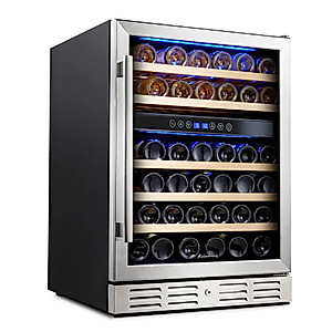 Kalamera 24 inch Wine Cooler, 46 Bottle - Dual Zone Built-in or Freestanding Fridge with Stainless Steel Reversible Glass Door, for Home, Kitchen, or Office.