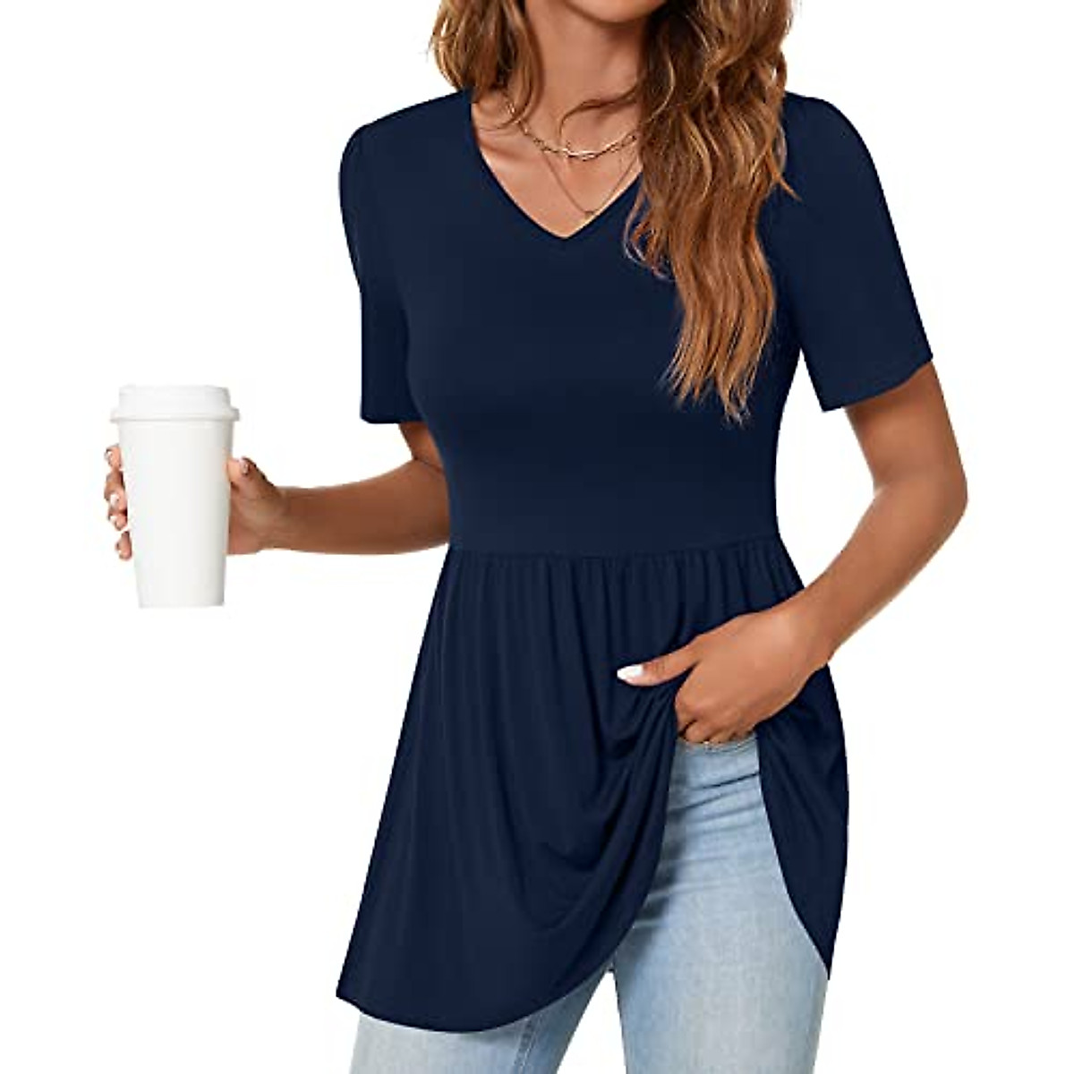 TAOHUADAO Women's 2023 Short Sleeve Tunic Tops Pleated Flare Blouse Hide Belly Shirts V-Neck Babydoll Tops Large, Navy Blue