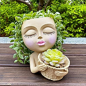 CLEECOO Face Planter Pots Head Planter Pots Double Flower Pots in One for Indoor and Outdoor with Drainage Hole(Large Size) (Khaki)