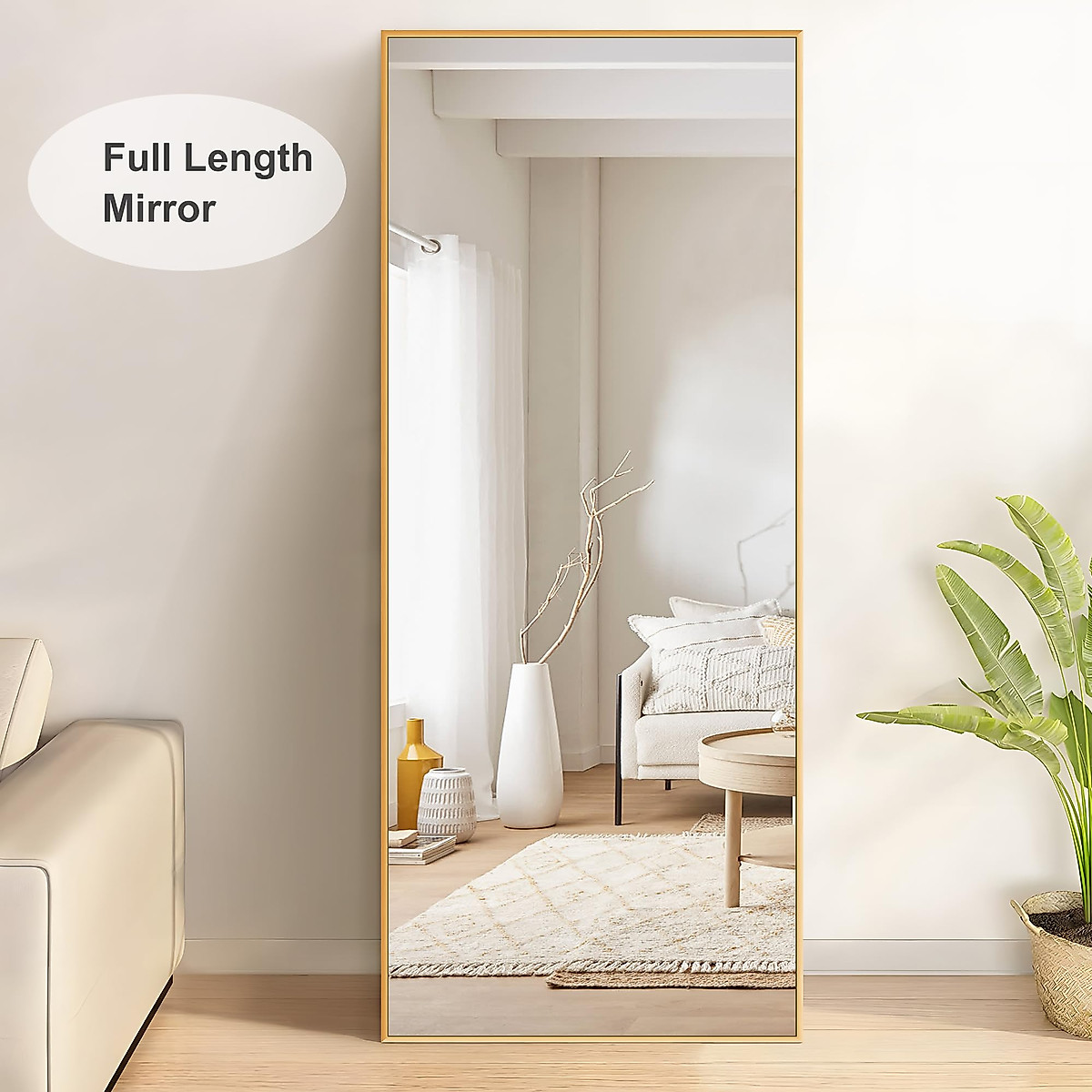 self Full Length Floor Mirror 65"×22" Metal Aluminum Alloy Frame Floor Mirror with Standing Holde Standing Hanging or Leaning Against Wall Mirror,Golden