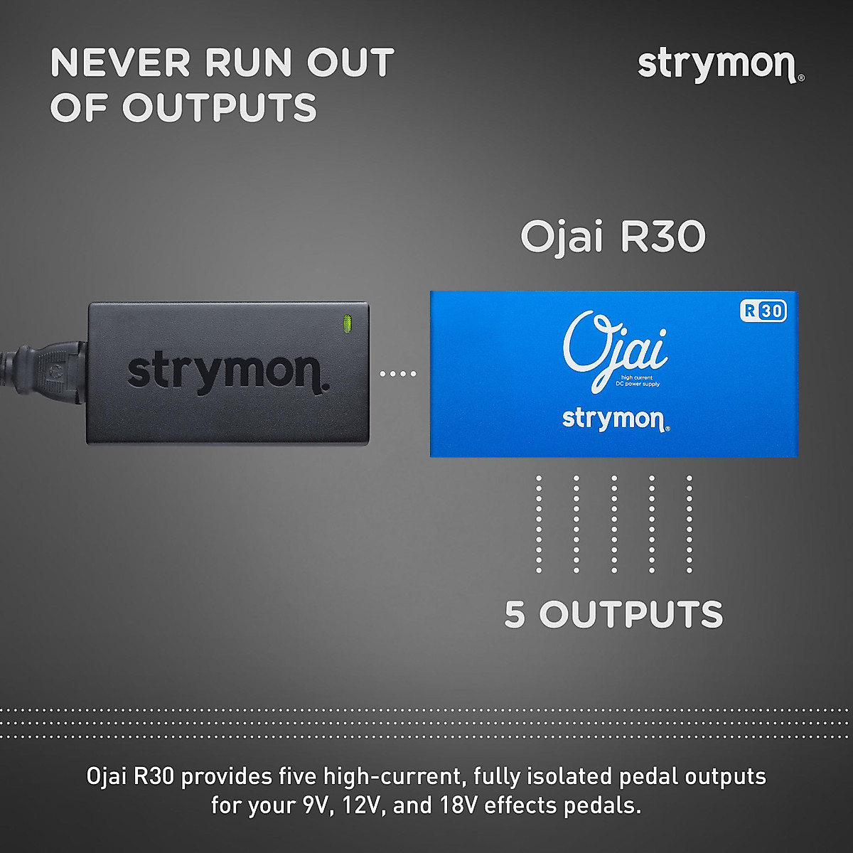 Strymon Ojai R30 Expandable High Current Guitar Pedal Power Supply for 9V, 12V and 18V effects Pedals, Five Outputs with 500mA of Current