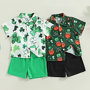 LIOMENGZI Toddler Baby Boy Summer Outfits Pattern Short Sleeve Button Down Shirt Top with Elastic Waist Shorts Clothes Set (Green, 12-18 Months)