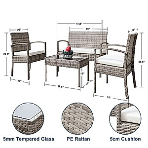 EMKK 4 Pieces Outdoor Sectional Wicker Patio Furniture Sets, All-Weather Rattan Sofa Conversation Cushions, Loveseat, Glass Table, Shallow Grey