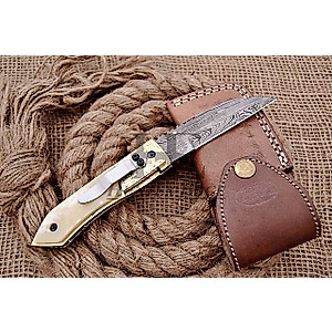 HUNTEX Custom Handmade Hand-Forged Twist Pattern Damascus Steel 4 Inch Long Natural Camel Bone Handle Razor Sharp Camp Hunting Folding Pocket Sheepsfoot Knife with Pocket Clip & Genuine Leather Pouch