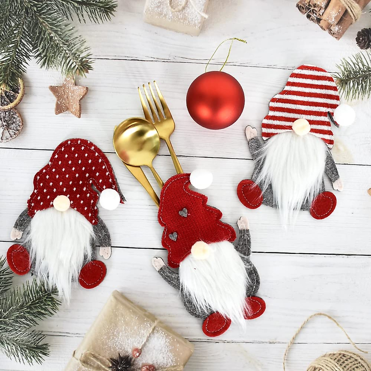 Vuzvuv 6Pcs Christmas Silverware Holders Tableware Pockets Cutlery Bags White and Red Cute Santa Claus Design Knife and Fork Bags for Home Kitchen Christmas Dinner Table-top Family Party Decorations