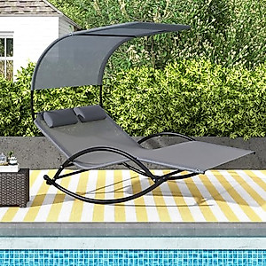 Tangkula 2 Person Lounge Chair with Canopy, Outdoor Chaise Lounge with 2 Detachable Pillows, Sturdy Metal Frame, Extra Large Double Patio Hammock Sunbed Swing for Backyard, Poolside (Gray)