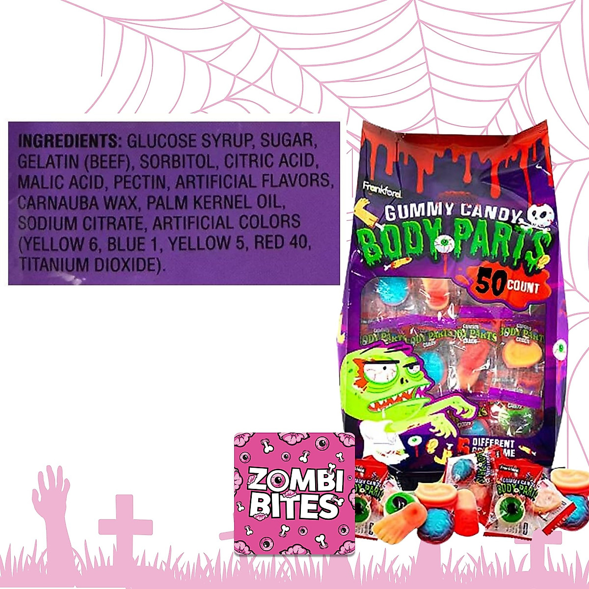 Gummy Candy Pack by Zombibites. Features One-13.2 Oz 50 Ct of Frankford's Body Parts Gummies Candies. Assorted Body Parts Candy for Halloween Gummies Candy. And a Free Zombibites Fridge Magnet!