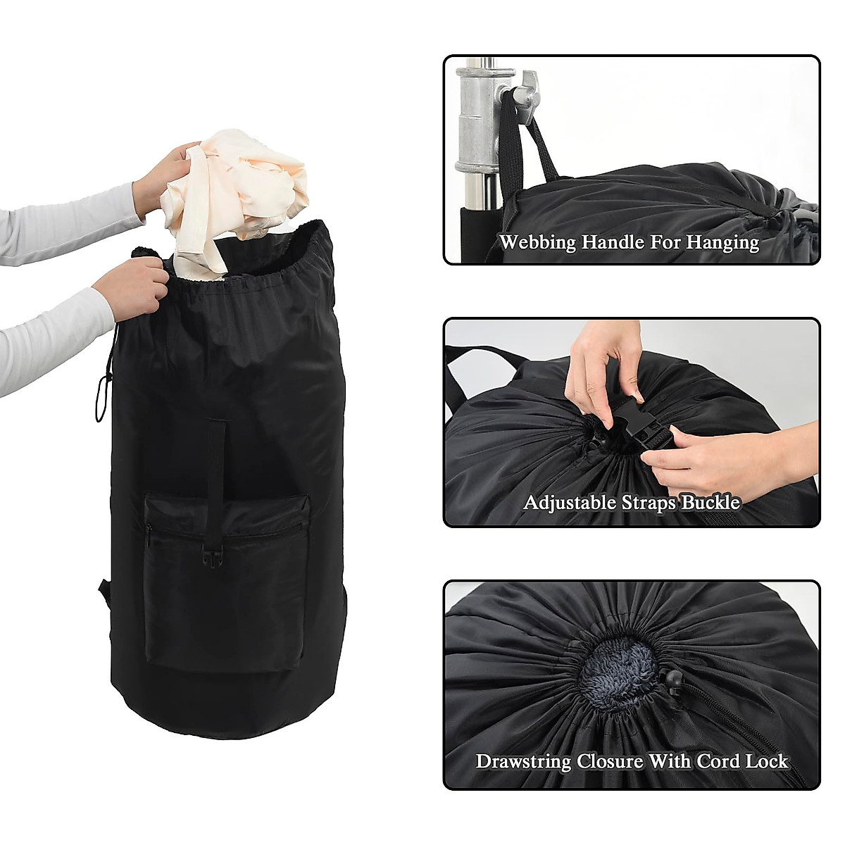 OTraki Laundry Bag 16 x 32 Inch Extra Large Dirty Clothes Laundry Backpack with Handle Adjustable Shoulder Straps Drawstring for Traveling Camping College Dorm Laundromat Black