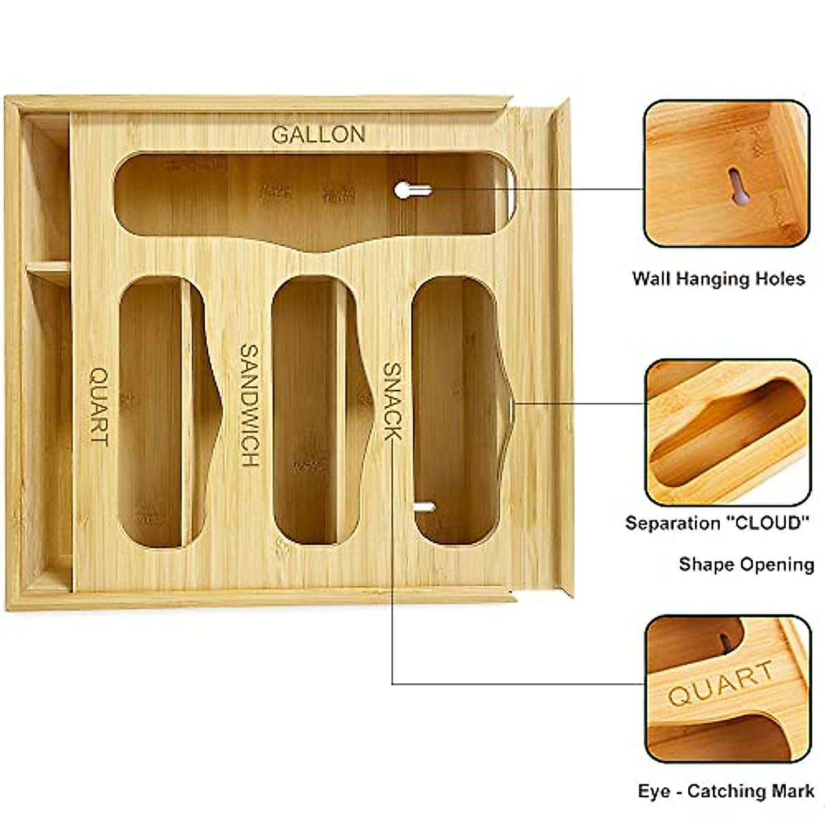 Bamboo Ziplock Bag Storage Organizer for Kitchen Drawer, Wooden Food Storage Bag Holders, Ziploc Baggie Organizer Dispenser, Compatible with Gallon, Quart, Sandwich & Snack Bags Variety Size Bag