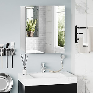 kleankin Bathroom Medicine Cabinet with Mirror, Wall Mounted Bathroom Mirror Cabinet with 3 Doors, Adjustable Shelves and Soft Close Mechanism, White