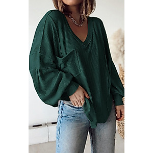 BTFBM Women's Ribbed Long Sleeve Tops 2025 Summer Spring Pullover Knit Casual V Neck Blouses Trendy Loose Fit Tunic Top(Solid Dark Green, Large)