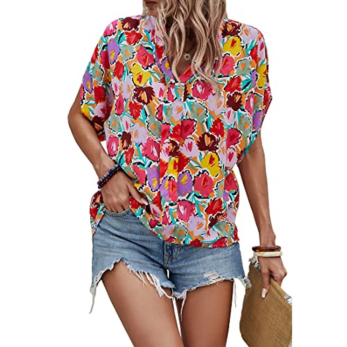 CCTOO Women's Blouses V Neck Short Sleeve Curved Hem Solid Chiffon Dressy Blouse Casual Shirts Tops 159 Color Floral Large
