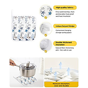 Coastal 3 Pack Pocket Pot Holders,Heat Proof Potholder Multipurpose Hot Pads Oven Mitts Terry Cloth,Undersea Starfish Shell Seahorse Potholders Bulk for Daily Kitchen Baking Cooking