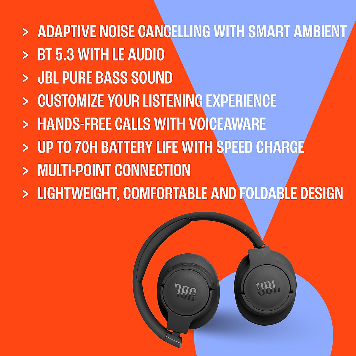 JBL Tune 770NC - Adaptive Noise Cancelling with Smart Ambient Wireless Over-Ear Headphones, Bluetooth 5.3, Up to 70H Battery Life with Speed Charge, Lightweight (Black) (Renewed)