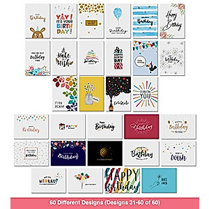 Dessie Unique Birthday Cards Assortment with Generic Birthday Greetings Inside. Suitable For Men, Women and Kids. Includes Envelopes and Gold Stickers, 60 Cards