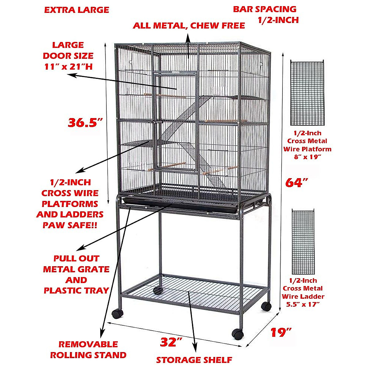 64" Extra Large Wrought Iron Chewproof 4-Levels Tight 1/2-inch Bar Spacing Ferret Chinchilla Sugar Glider Mice Rat Home Cage with Removable Stand On Wheels