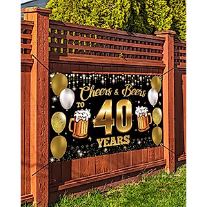 HTDZZI Cheers to 40 Years Backdrop Banner, Happy 40th Birthday Decoration for Men Women, 40th Wedding Anniversary, Black Gold 40 Year Old Birthday Party Sign Poster, Class Reunion Decor, 6.1ft x 3.6ft