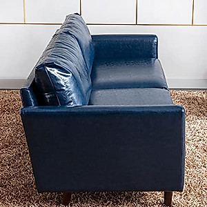 Dreamsir 80'' Faux Leather Sofa Couch, Mid-Century Modern Sofa with Solid Wooden Frame & Padded Cushions, 3-Seater Couch for Living Room, Apartment, Lounge Room (Blue)