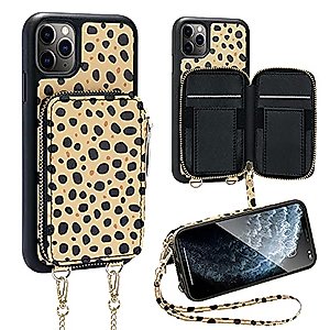 iPhone 12 Crossbody Case, ZVEdeng iPhone 12 Pro Wallet Case Card Holder Crossbody Chain Wrist Strap for Women Zipper Wallet Shockproof Leather Case Cover for iPhone 12/12 Pro 6.1'' Cheetah Print Skin