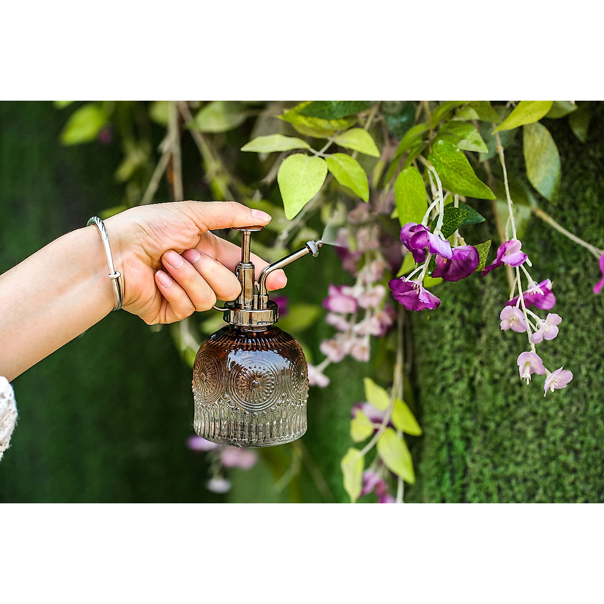 Glass Plant Mister Spray Bottle, 6.3inch Tall Vintage Plant Spritzer Watering Can, Succulent Watering Bottle with Top Pump, Plant Mister Glass Watering Garden Tool (Brown Clear Gradient)