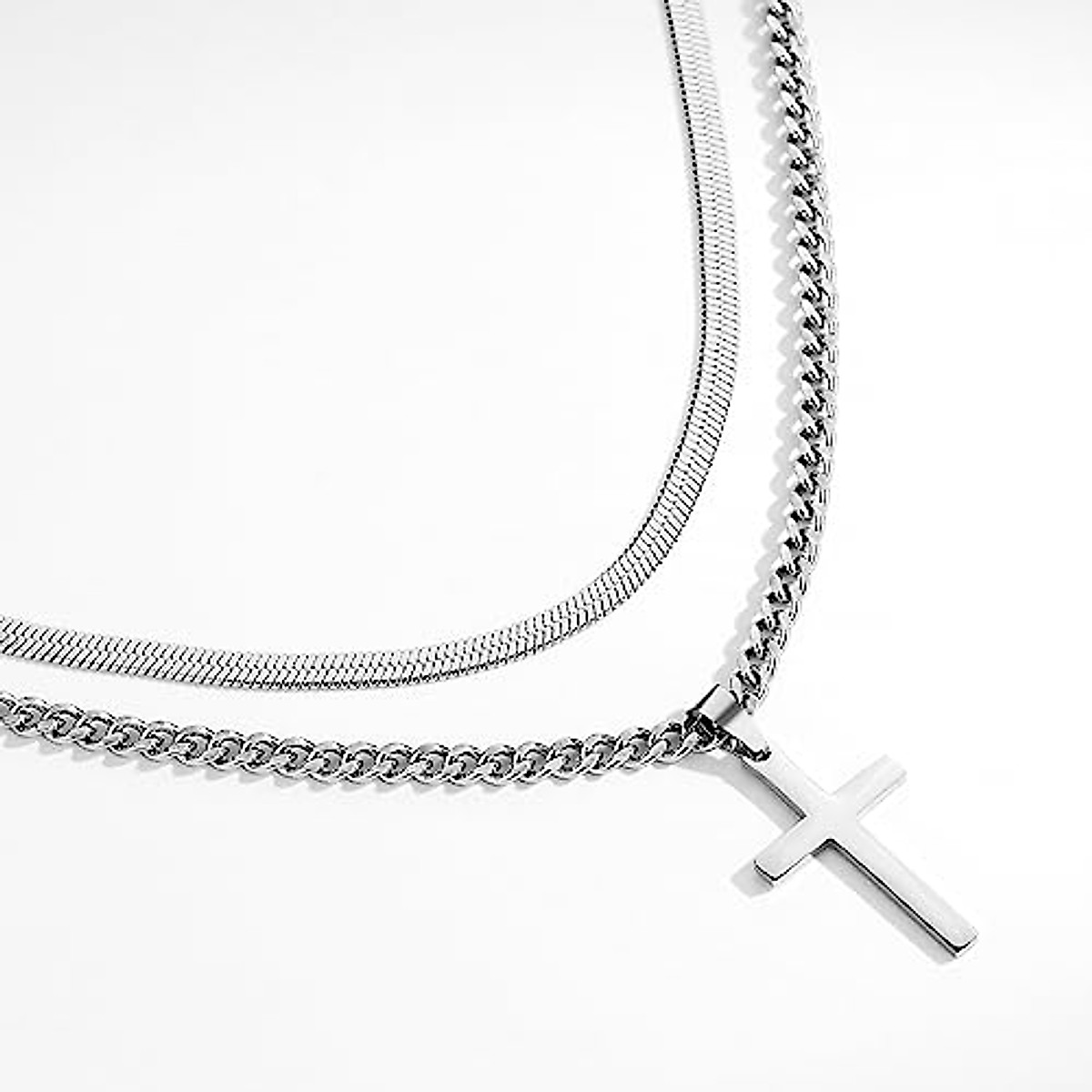 RUOOUY Layered Cross Necklace for Men Boys Stainless Steel Layered Snake Chain Cuban Link Chain 16-24 inch Christian Cross Pendant Religious Jewelry Gifts(S-18-20)