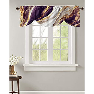 Sabolny Marble Purple Tie Up Valance Curtain for Kitchen Living Room Bedroom Bathroom Cafe, Rod Pocket Small Short Window Drape Panel Adjustable Drapary Print, Abstract Gold White Modern Art 54"x18"