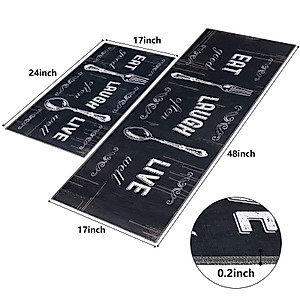 Carvapet 2 Pieces Kitchen Rug Set Non-Slip Backing Mat Throw Rug for Kitchen Doormat Runner Rug Set, Motto Design, Blackish/Dark Grey (17"x48"+17"x24")