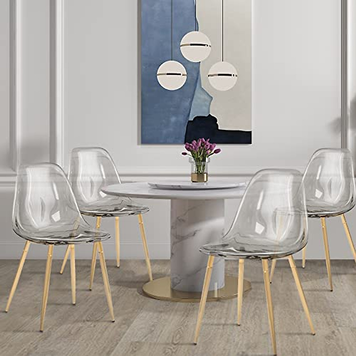 CangLong Clear Dining Chairs Set of 4, Modern Kitchen Acrylic Chairs with Transparent Seat, Plastic Accent Side Chair with Metal Legs, for Kitchen, Dining & Living Room, Ash Transparent