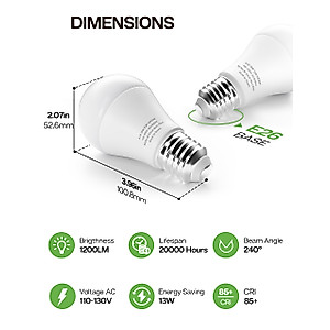 Eastiya Dusk to Dawn Sensor LED Outdoor Light Bulb, Daylight White 5000K, A19 13W(100 Watt Equivalent) Bright Porch Lighting, 1200LM, Auto-On/Off Photocell Sensor for Garage Yard Patio Garden-4 Pack