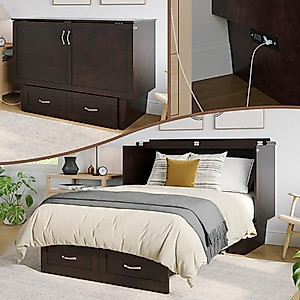 AFI, Monroe Murphy Bed Chest with 6 inch Memory Foam Folding Matttress, Built-in Charging Station and Storage Drawer, Full, Espresso