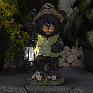 VP Home Camping Bear with Lantern Solar Powered LED Outdoor Decor Garden Light Bear Yard Statue Bear Outdoor Decor Bear Yard Decor Bear Statue Cedar Carved Bear with Solar Lantern Garden Bear