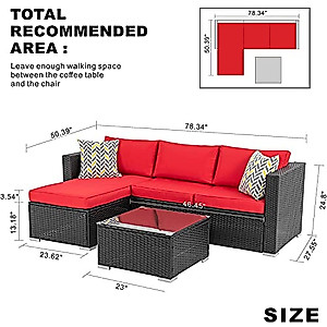 Walsunny Patio Furniture Set 3 Piece Outdoor Sectional Patio Sofa, All Weather Wicker Rattan Outdoor Furniture with Glass Table and Cushions(Red)