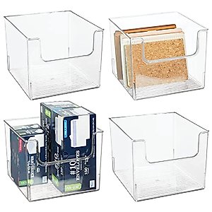 mDesign Modern Plastic Open Front Dip Storage Organizer Bin Basket for Home Office Organization - Shelf, Cubby, Cabinet, Cupboard, and Closet Organizing Decor - Ligne Collection - 4 Pack - Clear