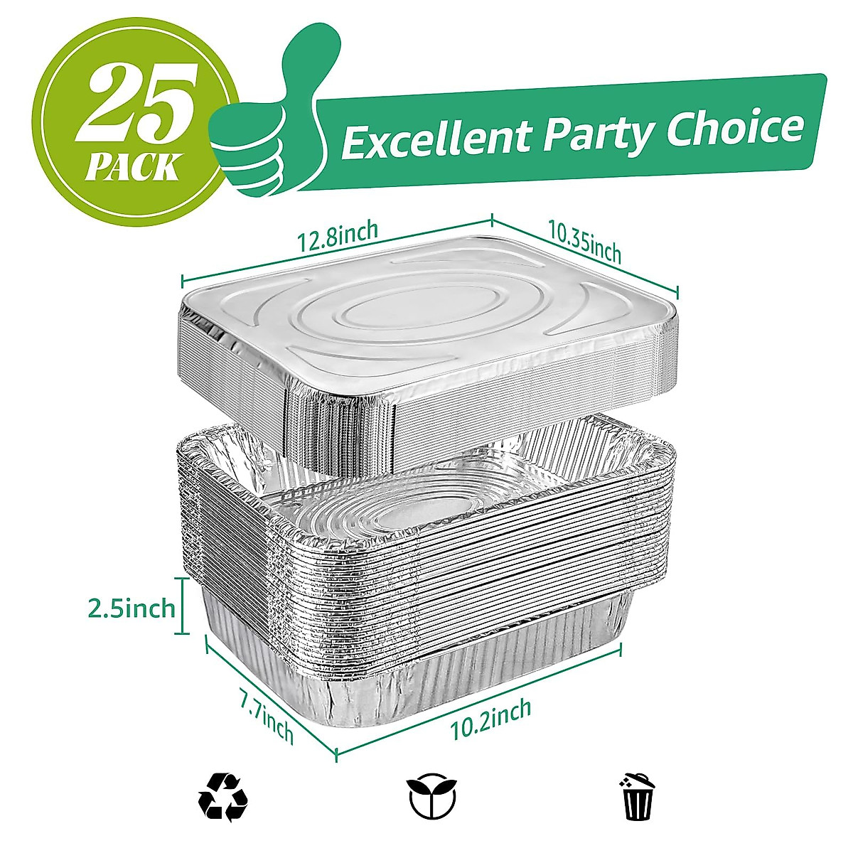 biocean Aluminum Pans with Lids 9x13 Inch 25 Pack, Extra Heavy Duty 25 Foil Pans and 25 Foil Lids for Prepping Food, Storing Heating, Cooking, Baking, Roasting