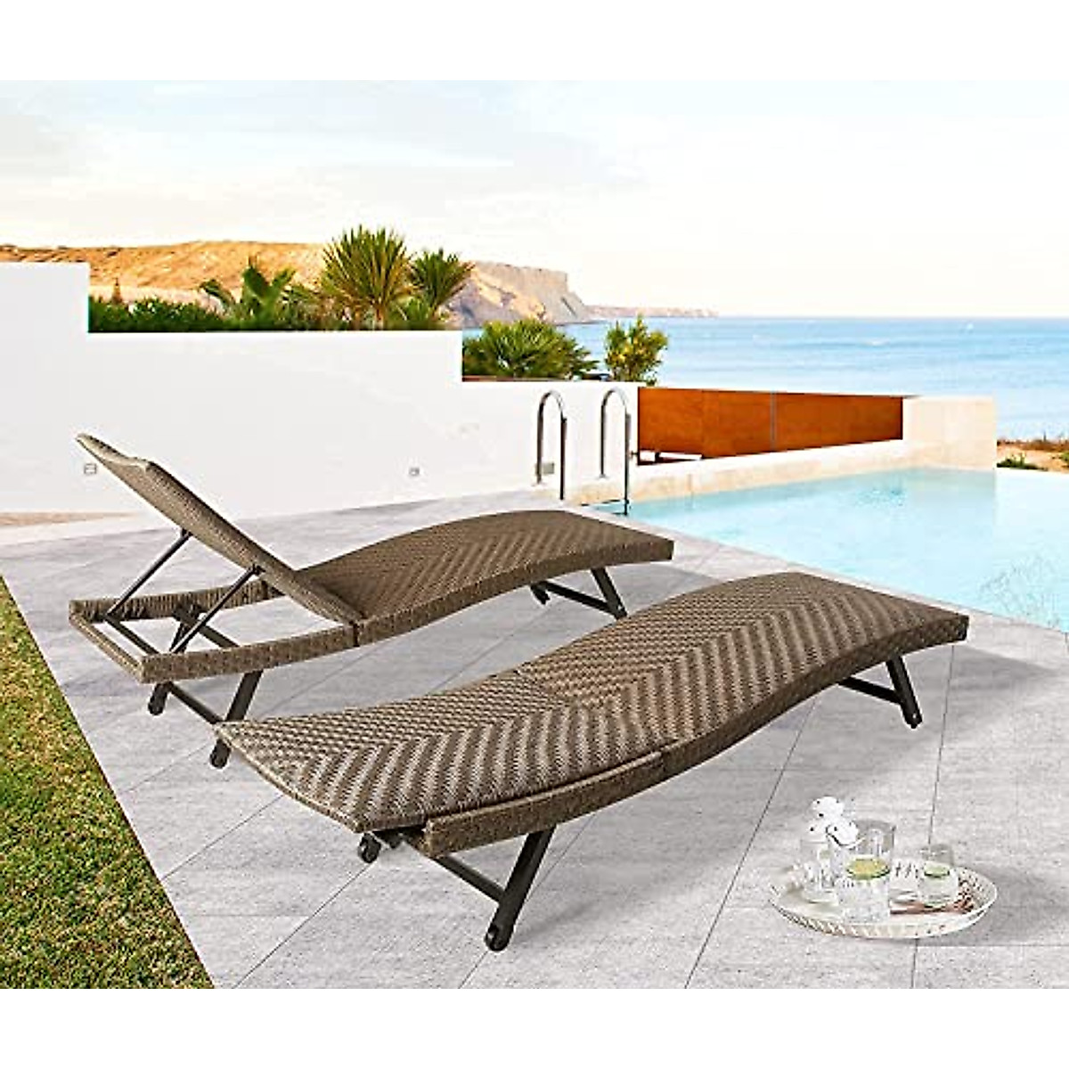 Ulax Furniture Outdoor Wicker Chaise Lounge Adjustable Padded Patio Reclining Chaise Lounger Chairs with Non-Rust Aluminum Frame and Wheels, Set of 2