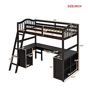 Lepfun Twin Size Wooden Loft Bed with Desk/2 Drawers/Cabinet/4 Shelves, Multi-Functional Loft Bed with Ladder and Guardrails, No Box Spring Required, Wood Bed Frame for Bedroom,Apartment, Espresso