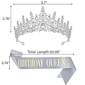 SWEETV Birthday Crowns for Women Silver Birthday Queen Sash and Tiara Set Rhinestone Princess Headband for Birthday Party Photograph