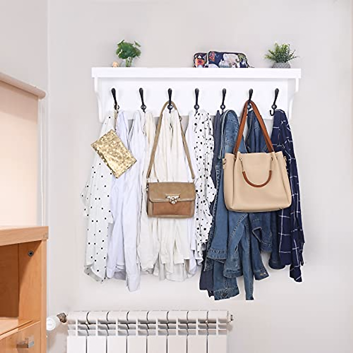 WEBI Coat Rack Wall Mount with Shelf,35’’ Long White Shelf with Hooks Underneath,Wall Mounted Coat Rack with Shelf,Key Rack for Wall,7 Triple Hooks for Hanging Coats,Bathroom,Entryway