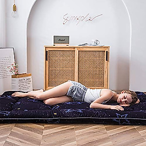 MAXYOYO Black Moon and Star Futon Mattress, Japanese Floor Mattress Folding Tatami Floor Mat Portable Camping Mattress Kids Sleeping Pad Floor Lounger Couch Bed, Thickness：8CM, Full Size