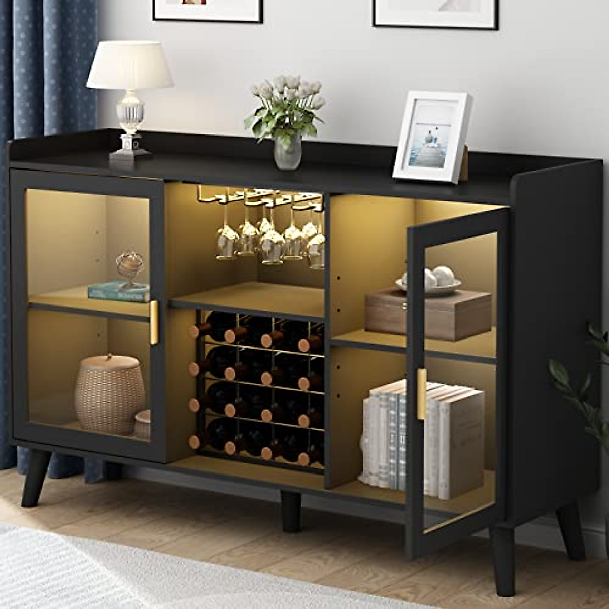 Auromie Wine Bar Cabinet with Led Light, Home Coffee Cabinet with Wine and Glass Rack, Kitchen Buffet Sideboard with Storage Shelves, Freestanding Liquor Cabinet for Living Room, Dining Room (Black)