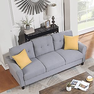 P PURLOVE 3-Seat Sofa for Living Room, Modern Sofa with Comfortable Padded Backrest, Linen Upholstered Couch Furniture for Bedroom, Office, Small Space, Easy Assembly, Light Grey Blue