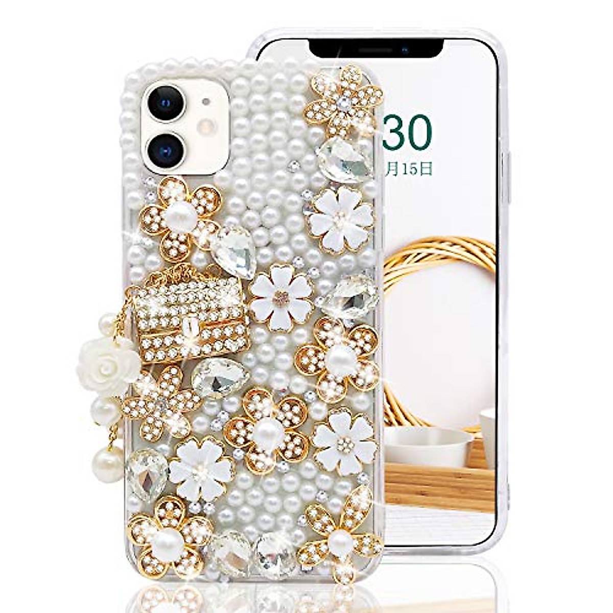Guppy for iPhone 11 Case Women Luxury 3D Bling Shiny Rhinestone Diamond Crystal Pearl Handmade Pendant Iron Tower Pumpkin Car Flowers Soft Protective Anti-Fall Case for iPhone 11