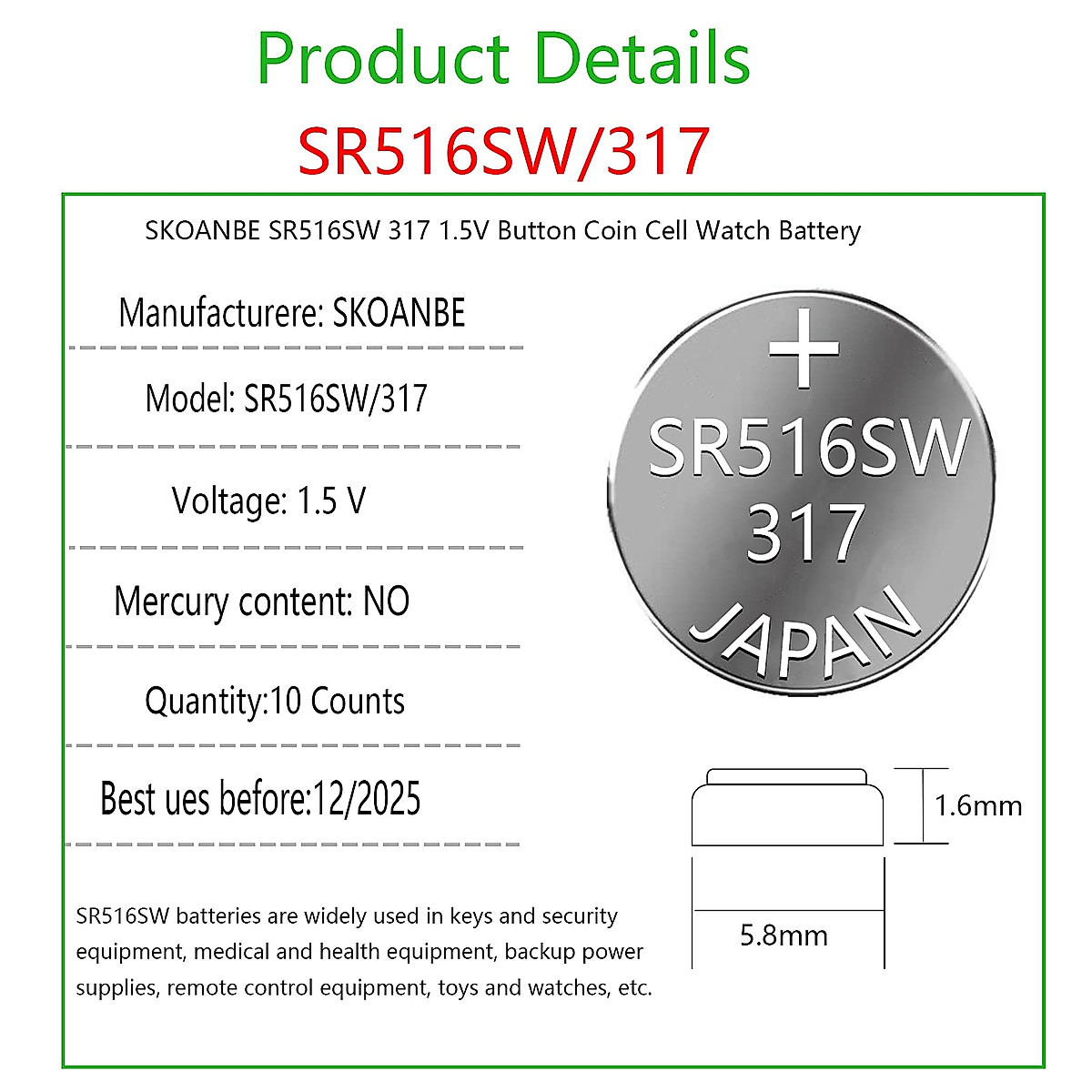 SKOANBE SR516SW 317 1.5V Button Coin Cell Silver Oxide Watch Battery（10-Packs）