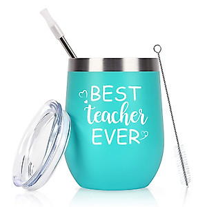Qtencas Teacher Appreciation Gifts, Best Teacher Ever Wine Tumbler with Lid, Thank You Gifts for Teacher Women on Birthday Christmas, 12 Oz Stainless Steel Wine Tumbler, Mint