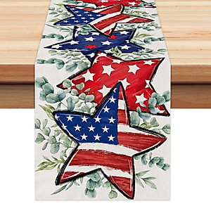 GEEORY 4th of July Decorations Eucalyptus Table Runner 13x72 Inch America Stars and Stripes Table Runners Patriotic Runners Memorial Day Decor for Indoor Outdoor Dinner Party Décor GT092